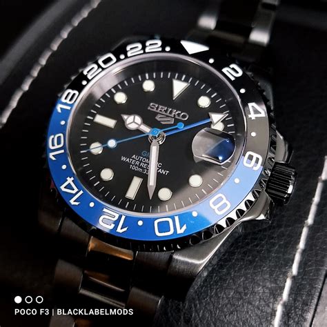 40mm Black Batman Gmt Master Ii Custom Seiko Mod Watch Black Label