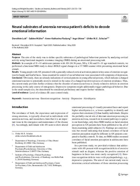 Pdf Neural Substrates Of Anorexia Nervosa Patients Deficits To Decode Emotional Information