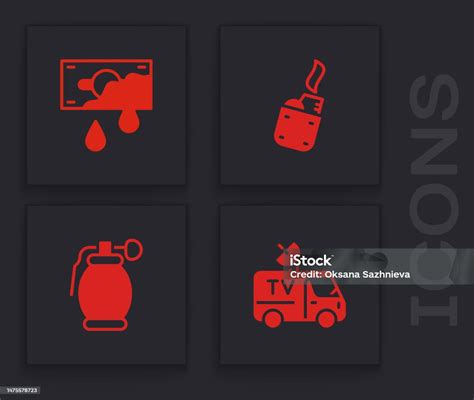 Tv 뉴스 자동차 피 묻은 돈 라이터 및 수류탄 아이콘을 설정합니다 벡터 가솔린에 대한 스톡 벡터 아트 및 기타 이미지 가솔린 건강 진단 건강관리와 의술 Istock