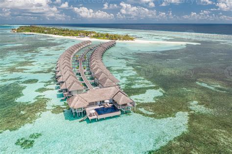 Aerial View Of Maldives Island Luxury Water Villas Resort And Wooden
