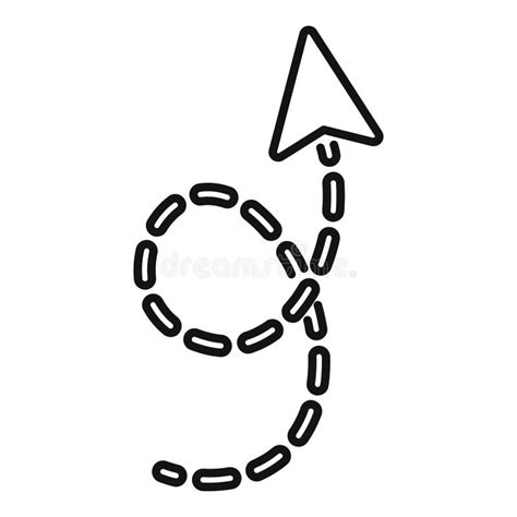Black And White Vector Graphic Of A Curved Dotted Line Leading To An Arrow Symbolizing
