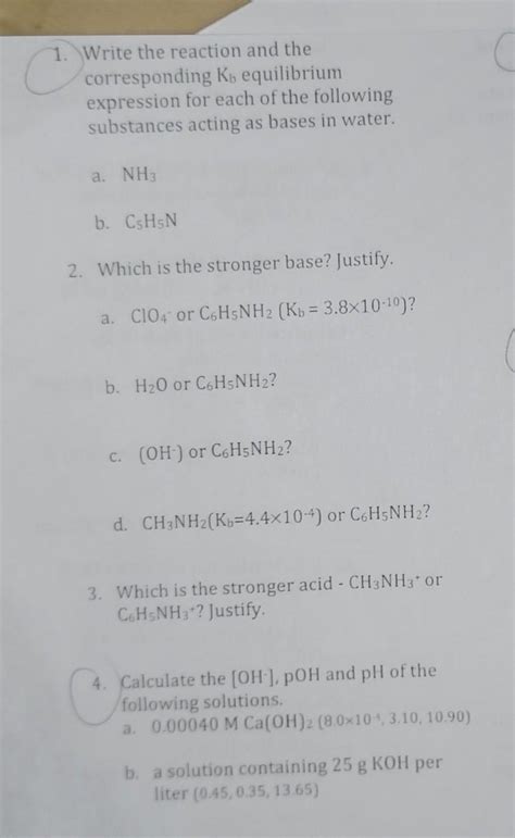 Solved 1 Write The Reaction And The Corresponding Kb