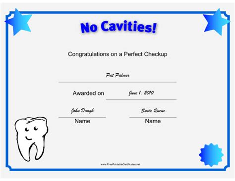 No Cavities Printable Certificate