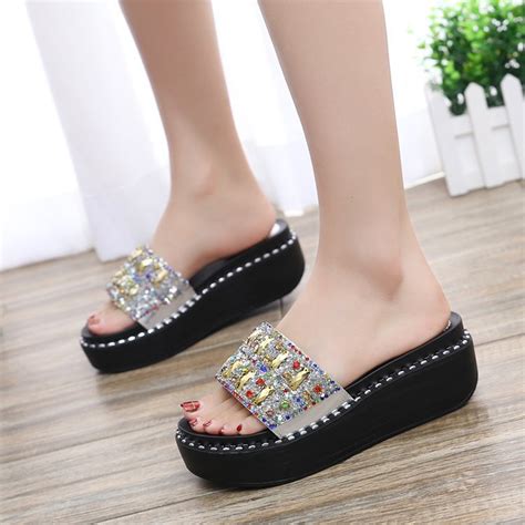 New Women Rhinestone Decor Platform Slide Sandals Chile Shop