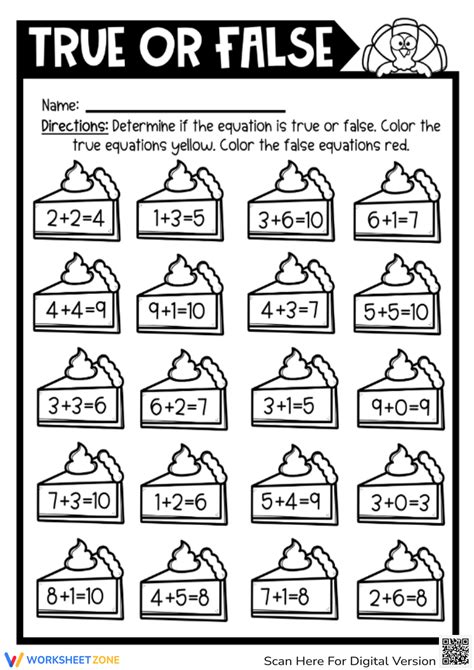 Thanksgiving Math True Or False 1 Worksheet