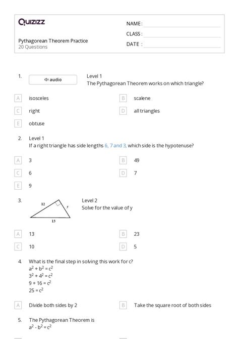 Pythagorean Theorem Worksheets For Th Year On Quizizz Free Printable