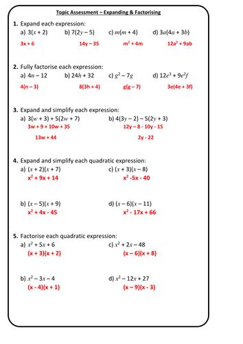 Expanding And Factorising End Of Topic Mini Testmarking Grid Higher