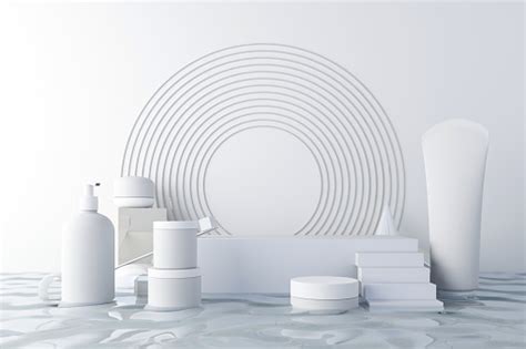 기하학적 연단에 화장품 모형 화장품 사실적인 3d 렌더링의 프리젠 테이션을위한 물 위의 배경 및 기하학적 모양 화장품에 대한 스톡 사진 및 기타 이미지 Istock