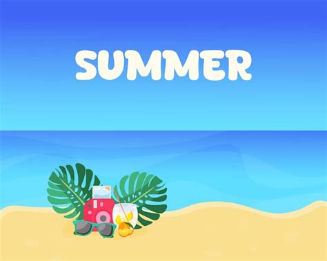 포스터 여름 여행 모래와 여름 해변 터 일러스트레이션 프리미엄 벡터