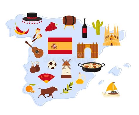 Spanish Culture Elements And Flag Of Country Famous Landmarks And Food