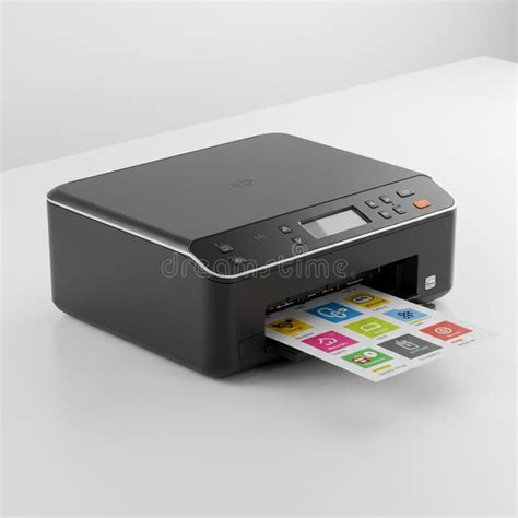 A Black Multifunction Printer Is Situated On A White Surface With A Control Panel Stock