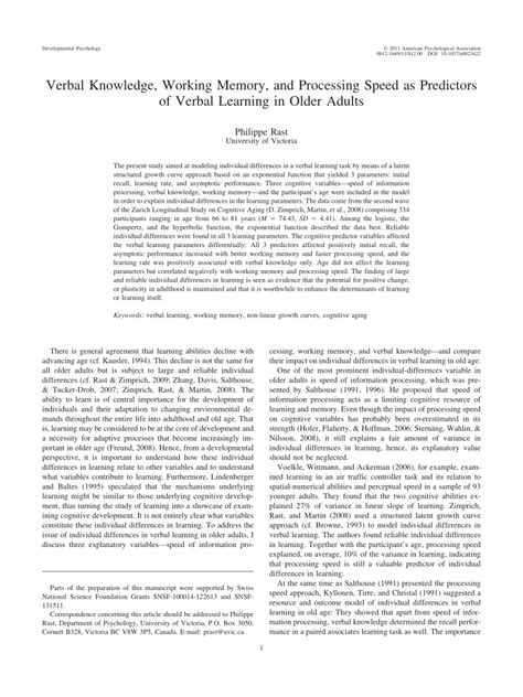 Pdf Verbal Knowledge Working Memory And Processing Speed As