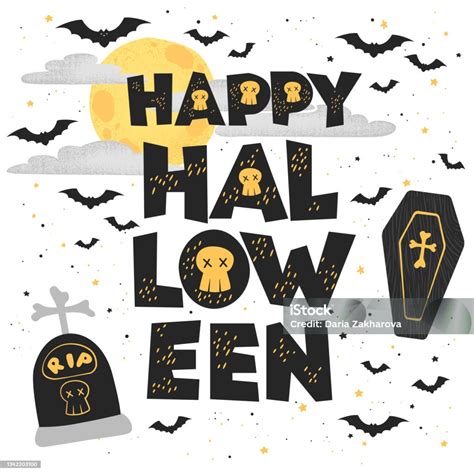 흰색 배경에 고립 된 손으로 그린 무덤 관 및 문자와 해피 할로윈 벡터 카드 초대 카드 인쇄 배너에 대한 일러스트 템플릿 10월에 대한 스톡 벡터 아트 및 기타 이미지