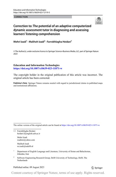 Correction To The Potential Of An Adaptive Computerized Dynamic
