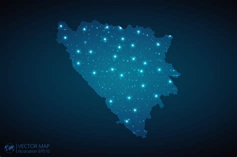 보스니아 헤르체고비나지도 미래 지향적 인 스타일의 방사형 점선 패턴 별들로 만든 디자인 파란색 원 빛나는 윤곽선 진한 파란색 배경에 대한 의사 소통의 개념 0명에 대한 스톡