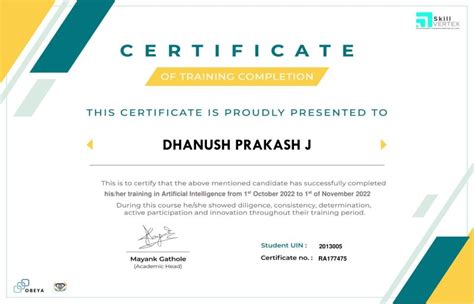 Dhanushprakash J On Linkedin Internship Completion Course Artificialintelligence Training