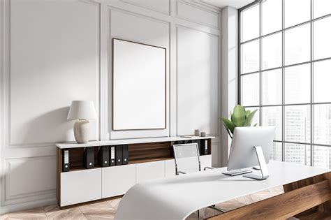 컴퓨터와 파노라마 창문이있는 가벼운 사무실 내부 책상 모형 프레임 0명에 대한 스톡 사진 및 기타 이미지 0명 3차원 형태 가구 Istock