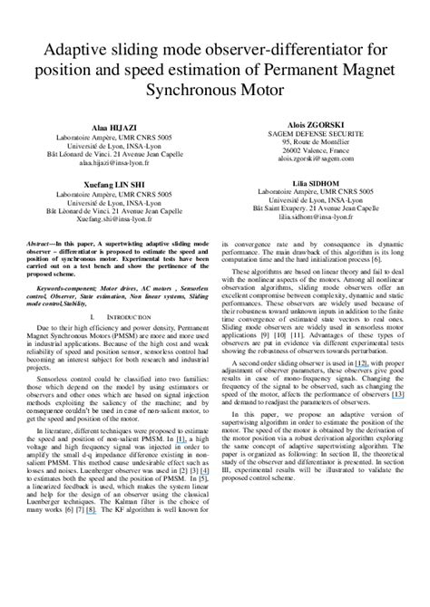 Pdf Adaptive Sliding Mode Observer Differentiator For Position And