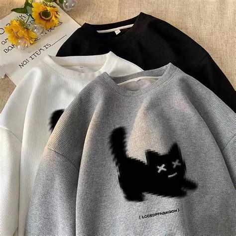 Unisex Naughty Black Cat Print Sweater In Waffle Knit Fabric Meowgicians™