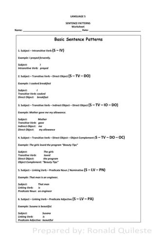 5 Basic Sentence Patterns PDF Nature Worksheets Library