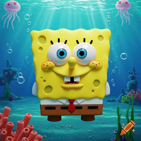 A Large Smiling 3d Render Of Spongebob Squarepants In An Underwater Scene With Coral And