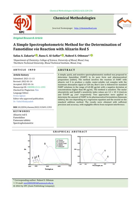 Pdf Chemical Methodologies A Simple Spectrophotometric Method For The Determination Of