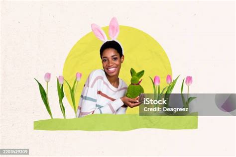 크리 에이 티브 그림 콜라주 행복 귀엽다 아름 다운 평온한 여자 보류 녹색 토끼 튤립 꽃 환경 드로잉 배경 18 19세에 대한 스톡 사진 및 기타 이미지 Istock