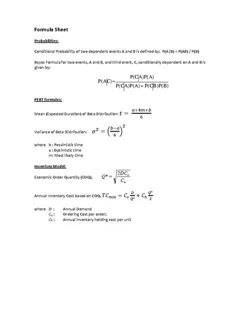 Formula Sheet Formula Sheet Probabilities Conditional Probability Of