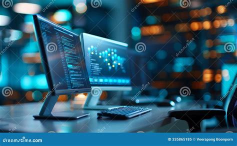 Modern Computer Workspace Featuring Dual Monitors Displaying Data