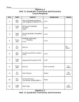 Algebra 2 Unit 3 Assignment Sheet By Josh Mayhew TPT
