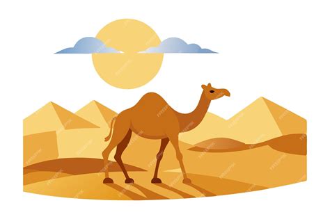 Illustration Of A Camel In The Desert With Sand Dunes And Sun In The