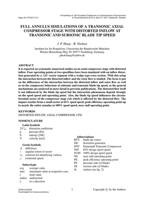 Pdf Full Annulus Simulations Of A Transonic Axial Compressor Stage With Distorted Inflow At
