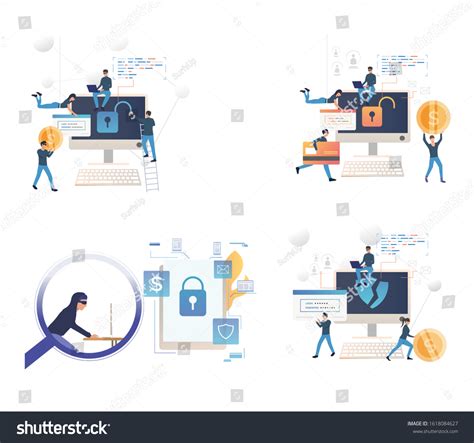 Set Cybercriminals Cracking Software Flat Vector Stock Vector Royalty Free 1618084627