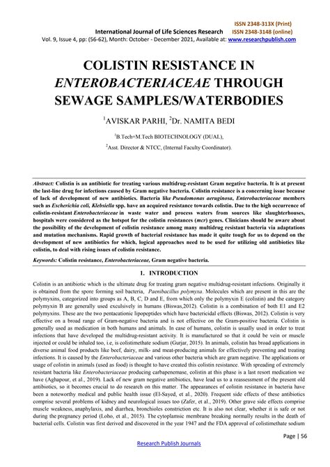Colistin Resistance In Enterobacteriaceae Through Sewage Sampleswaterbodies By Research Publish
