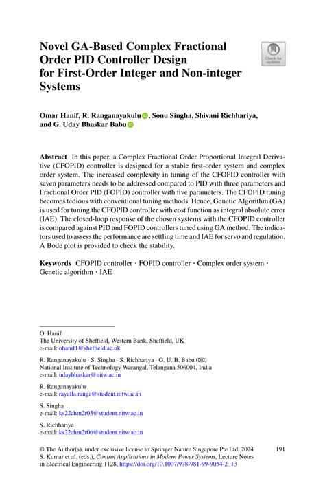 Pdf Novel Ga Based Complex Fractional Order Pid Controller Design For
