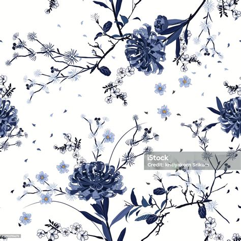 모노톤 블루 원활한 패턴 벡터 동양 여름 정원 꽃 개화 식물 하 고 체리 Bloosom Florals 디자인 패션 패브릭 벽지 그리고 모든 지문에 대 한 0명에 대한 스톡