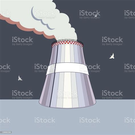 배출 오염 공장 냉각 탑은 산업 에너지를 벡터 Co2 온실 흡연 냉각탑 어두운 색상 개념에 대한 스톡 벡터 아트 및 기타 이미지 개념 건축 공장 산업 건물 Istock