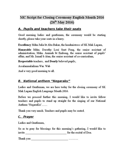 Mc Script For Closing Ceremony English Month Pdf