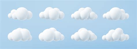 흰색 3d 구름은 파란색 배경에 격리되어 있습니다 파란색 하늘에 부드러운 둥근 만화 솜털 구름 아이콘을 렌더링합니다 3d 기하학적 모양 벡터 일러스트레이션 3차원 형태에
