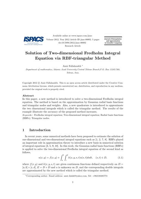 Pdf Solution Of Two Dimensional Fredholm Integral Equation Via Rbf Triangular Method