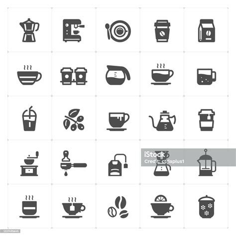 아이콘 세트 흰색 배경에 커피와 차 채워진 스타일 벡터 일러스트레이션 기계류에 대한 스톡 벡터 아트 및 기타 이미지 기계류 디자인 레스토랑 Istock