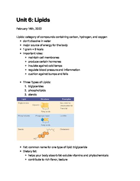 Unit Lipids Lecture Notes From Entire Unit Professor Lynn Brann Topics Include