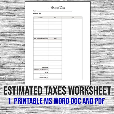 Estimated Taxes Worksheet Printable Ms Word And Pdf Digital Download