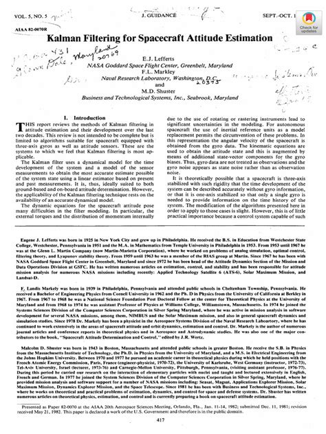 Kalman Filtering For Spacecraft Attitude Estimation Pdf Kalman Filter Matrix Mathematics