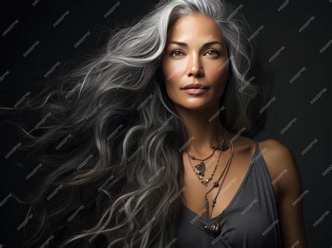 Premium Ai Image Woman With Long Thick Gray Hair