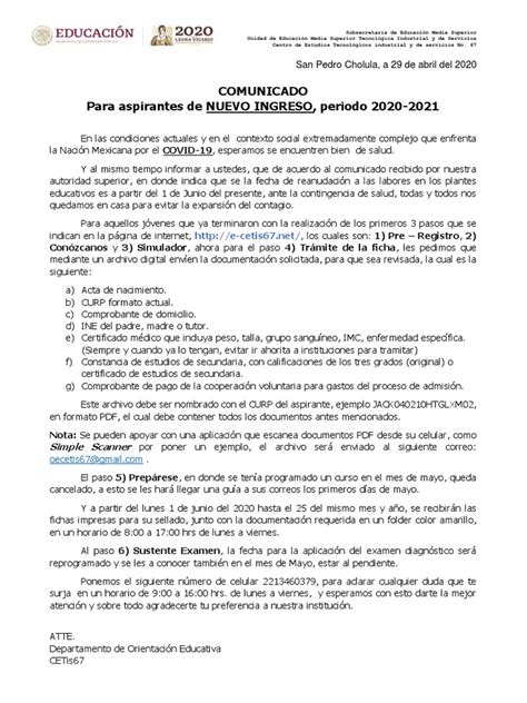 Proceso De Admisión Cetis 67 2020 2021 Pdf Certificado De Nacimiento