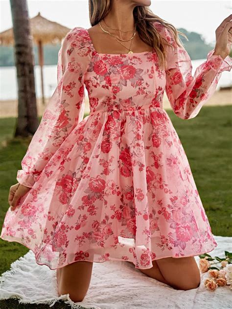 Allover Floral Print Square Neck Flounce Sleeve Organza Dress Short