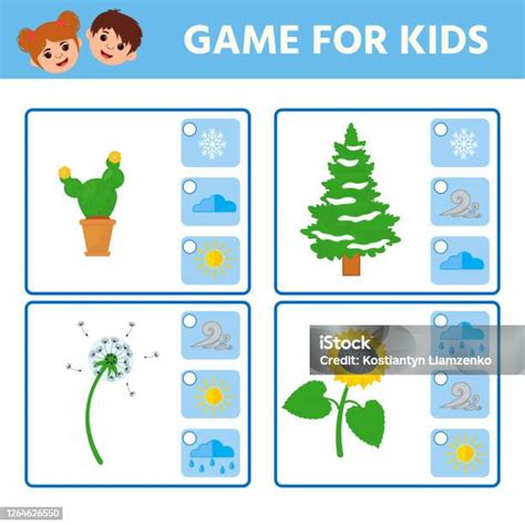 어린이를위한 교육 워크 시트 아이들을위한 게임 일치하는 항목을 찾습니다 날씨 0명에 대한 스톡 벡터 아트 및 기타 이미지 0명 계절 교육 Istock