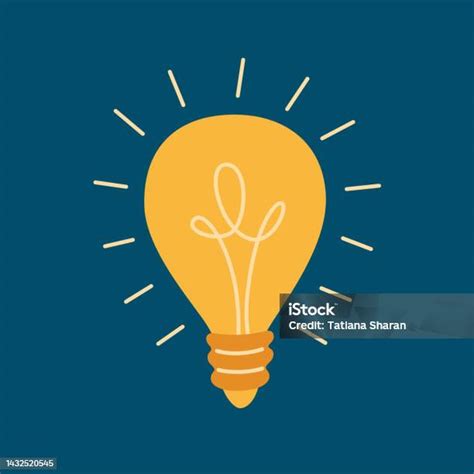 광선이있는 전구가 빛납니다 벡터 아이콘입니다 플랫 만화 일러스트레이션 클립 아트 아이디어 창의력 혁신 영감 및 발명의 상징 발견에 대한 스톡 벡터 아트 및 기타 이미지