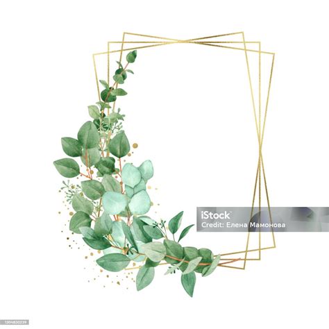 수채화 유칼립투스 화환과 기하학적 인 금 요소는 흰색 배경에 격리 손으로 그린 결혼식 초대장 직물 인사말 카드 승화 디자인 포장용 금 금속에 대한 스톡 벡터 아트 및 기타